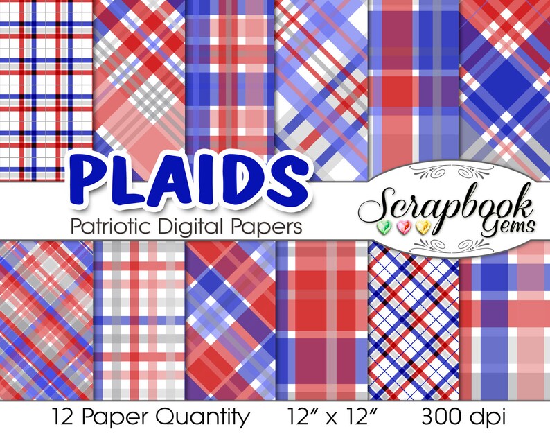 Patriotic PLAID Red & Blue Digital Papers 12 Pieces 12 - Etsy