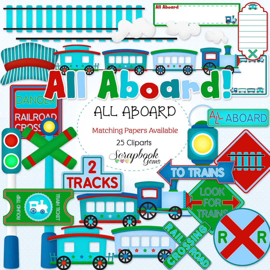 ALL ABOARD Clipart, 25 Png Clipart Files Instant Download Train Tracks ...