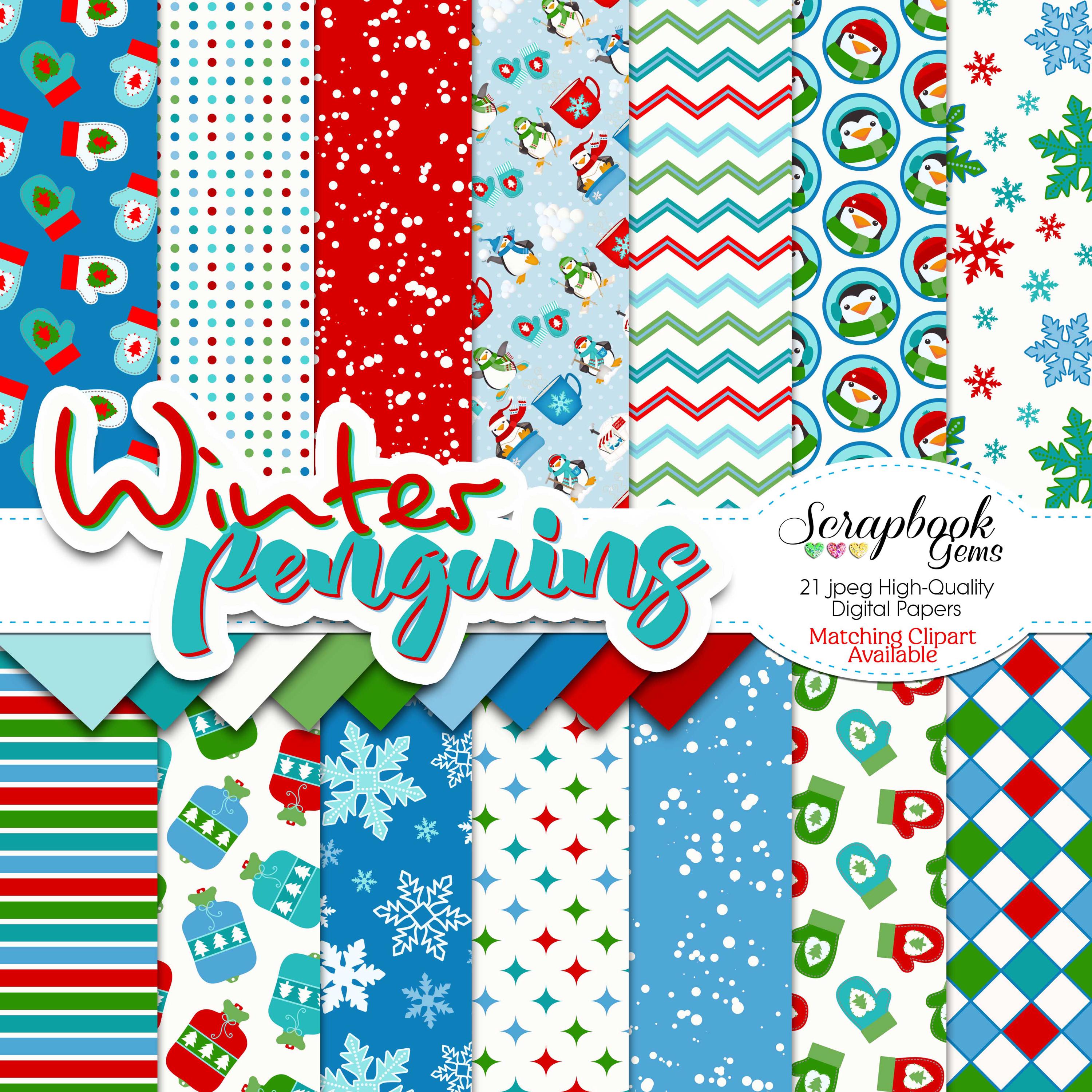 WINTER PENGUINS Clipart and Papers Kit, 26 Png Clip Arts, 23 Jpeg ...