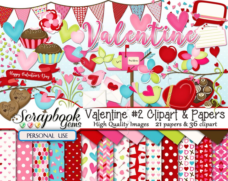 VALENTINE BUNDLE - 2 Kits in 1, 72 Cliparts & 42 Papers, Instant ...