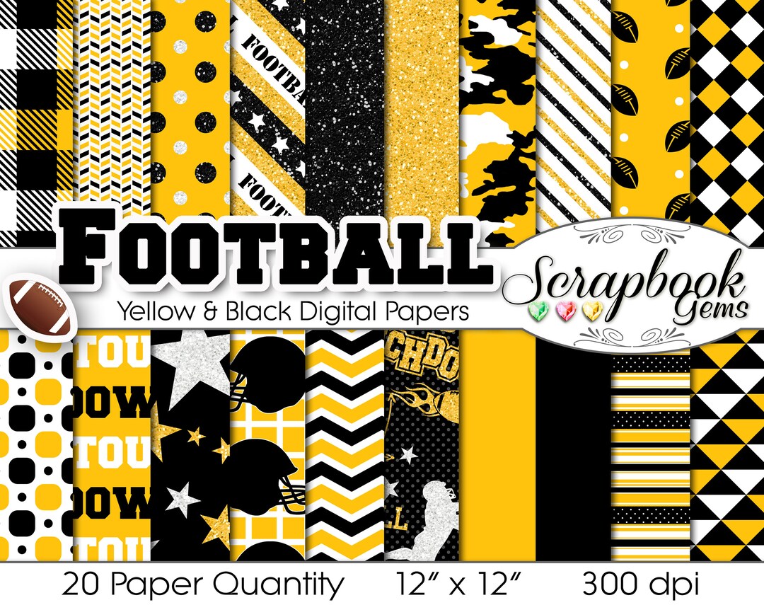 Football Digital Papers Black & Yellow, 20 Pieces, 12" X 12", High ...