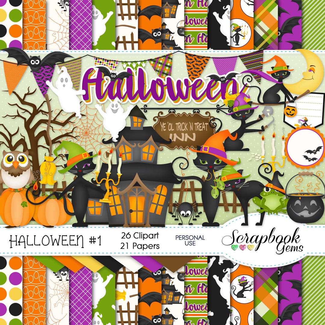 HALLOWEEN #1 Clipart and Papers Kit, 26 Png Clip Arts, 21 Jpeg Papers ...