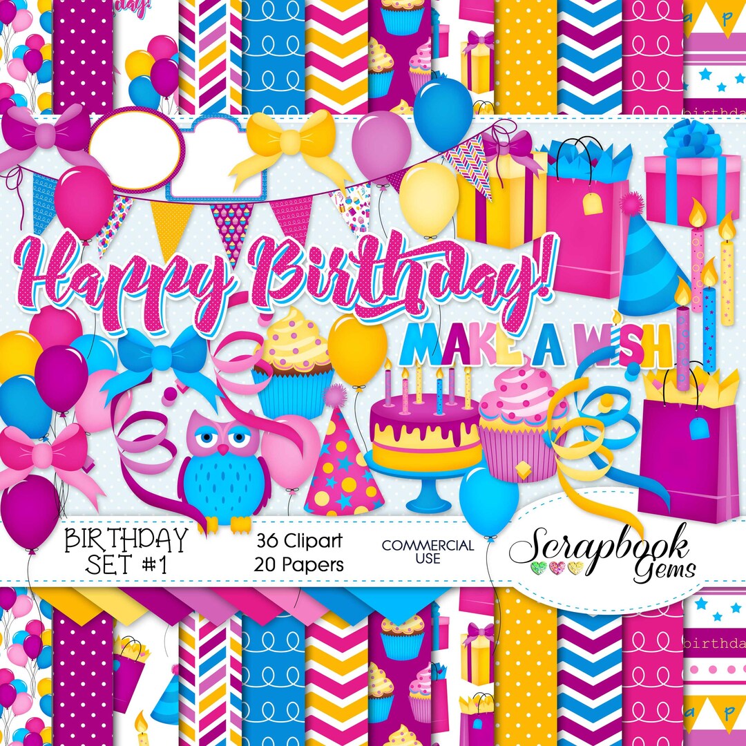 BIRTHDAY Set #1 Clipart and Papers Kit, 36 Png Clip Arts, 20 Jpeg ...