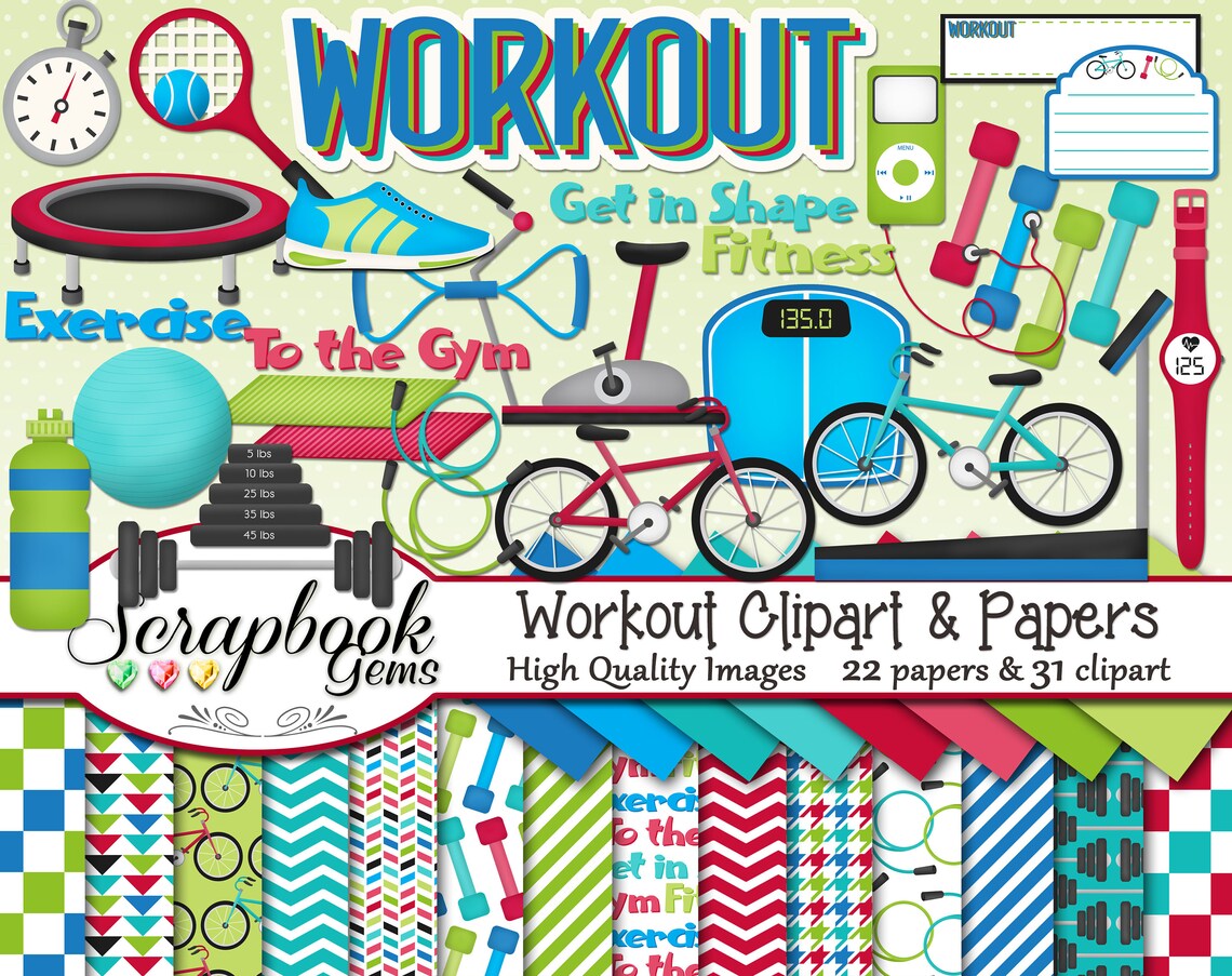 WORKOUT Clipart and Papers Kit 31 Png Clip Arts 22 Jpeg - Etsy