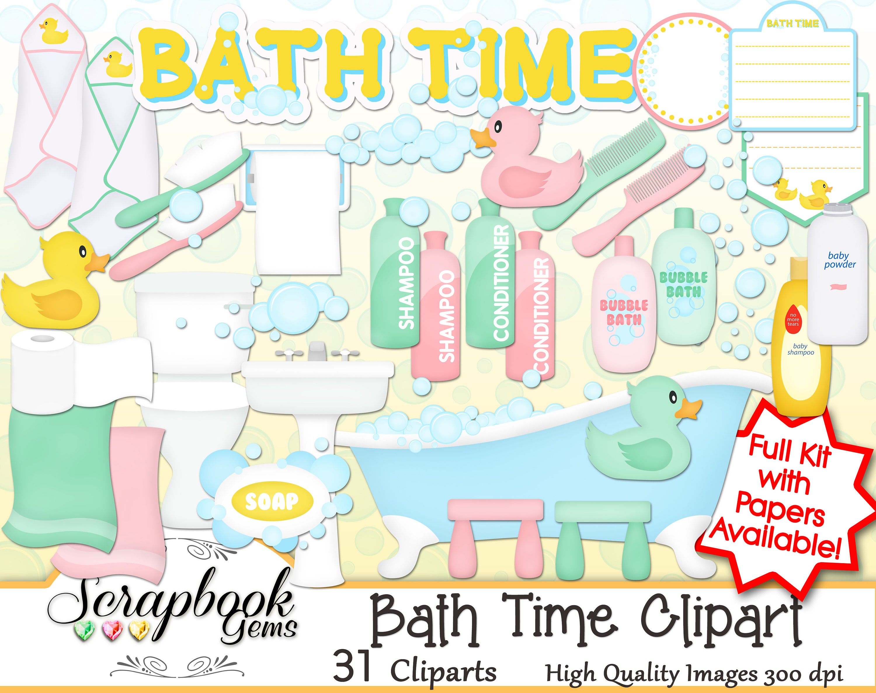 BATH TIME Clipart and Papers Kit 31 Png Clip Arts 22 Jpeg | Etsy