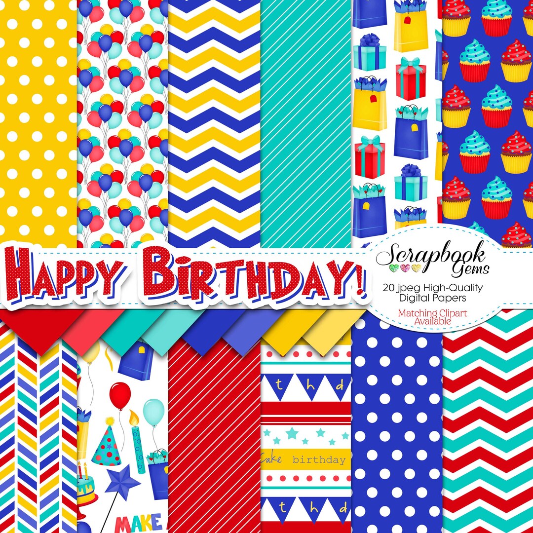 BIRTHDAY Set #3 Digital Papers, 20 Pieces, 12" X 12", High Quality ...