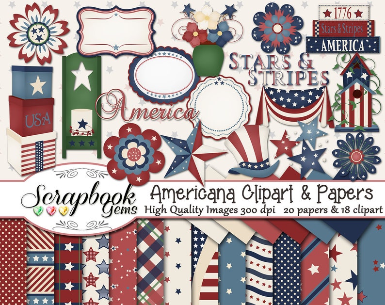 AMERICANA Clipart & Papers Kit, 18 Png Clipart Files, 20 Jpeg Paper ...
