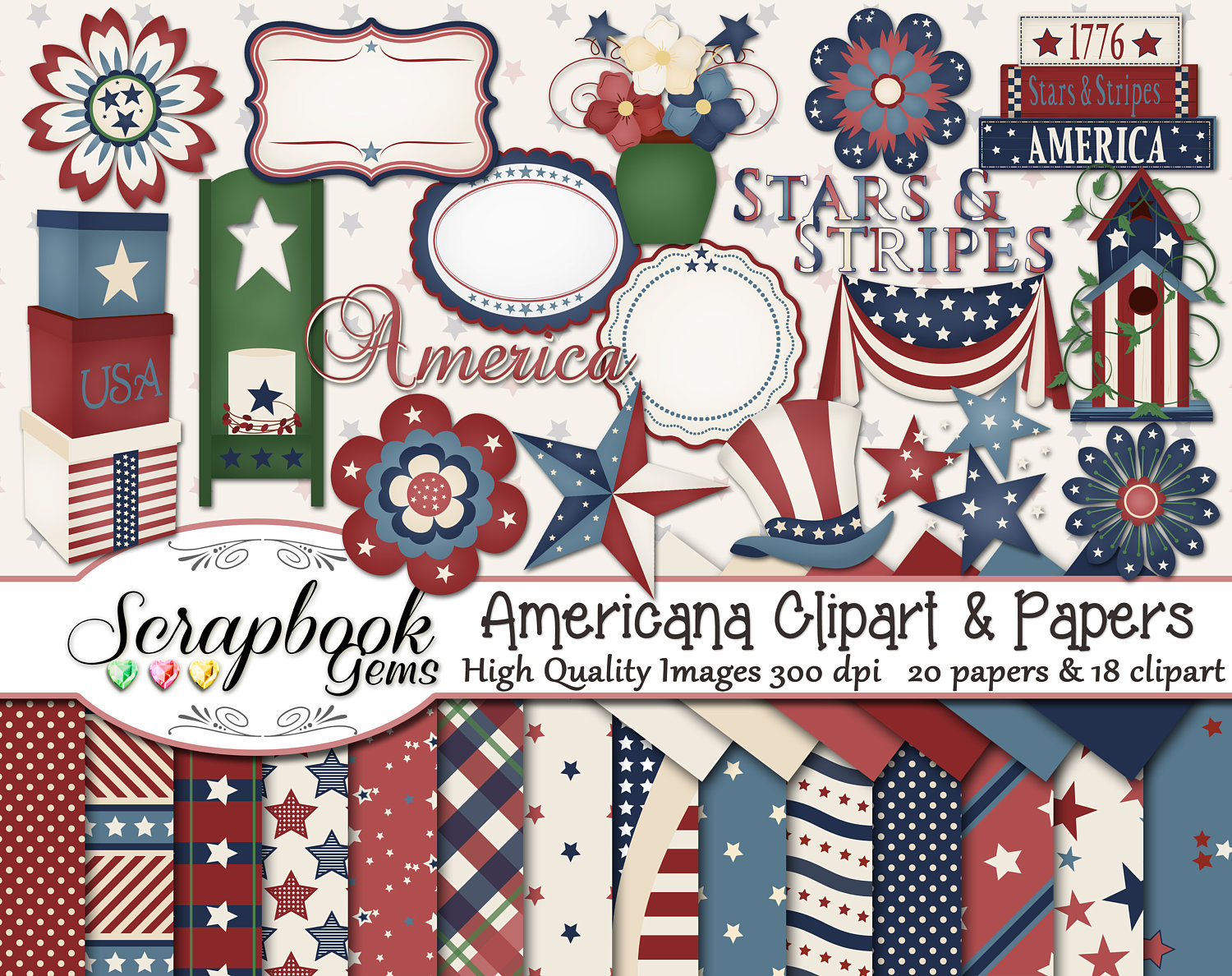 AMERICANA Clipart & Papers Kit 18 png Clipart files 20 jpeg | Etsy