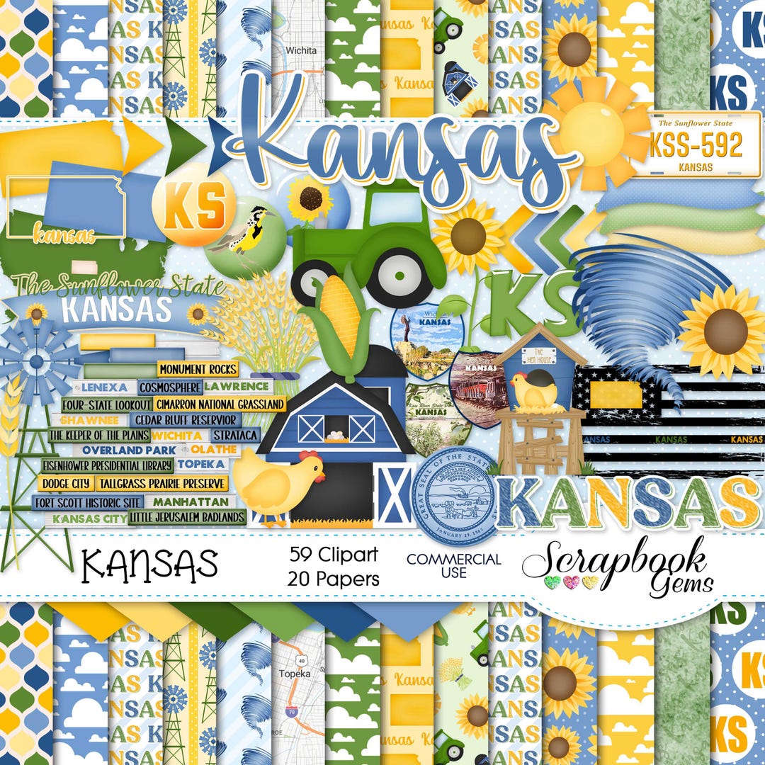 KANSAS Clipart and Papers Kit, 59 Png Clip Arts, 20 Jpeg Papers Instant ...