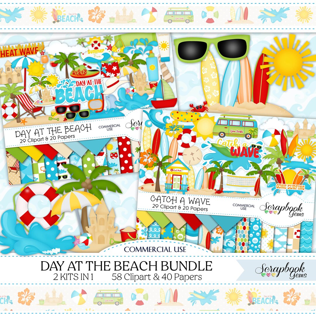 Day at the Beach BUNDLE - 2 Kits in 1, 58 Clipart & 40 Papers, Instant ...