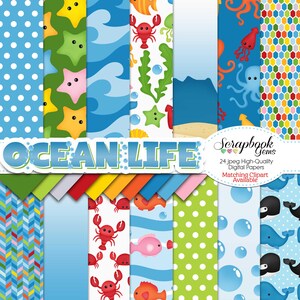 OCEAN LIFE Clipart and Papers Kit, 40 Png Clip Arts, 24 Jpeg Papers ...