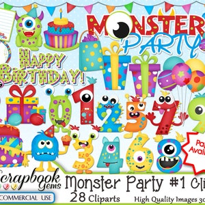 MONSTER PARTY Kit 1 Clipart and Papers Kit 28 Png Clip Arts - Etsy