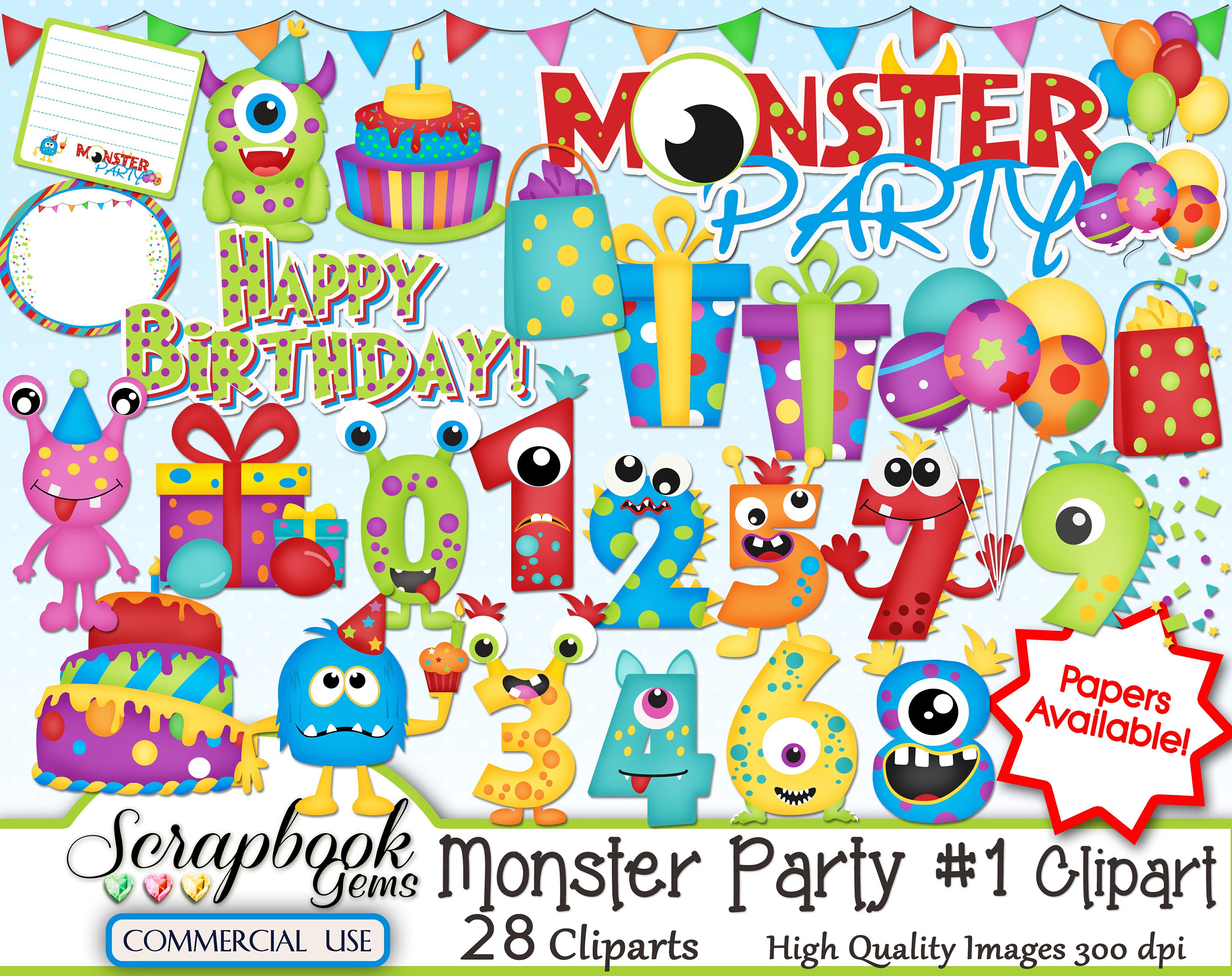 MONSTER PARTY Kit 1 Clipart and Papers Kit 28 Png Clip Arts - Etsy