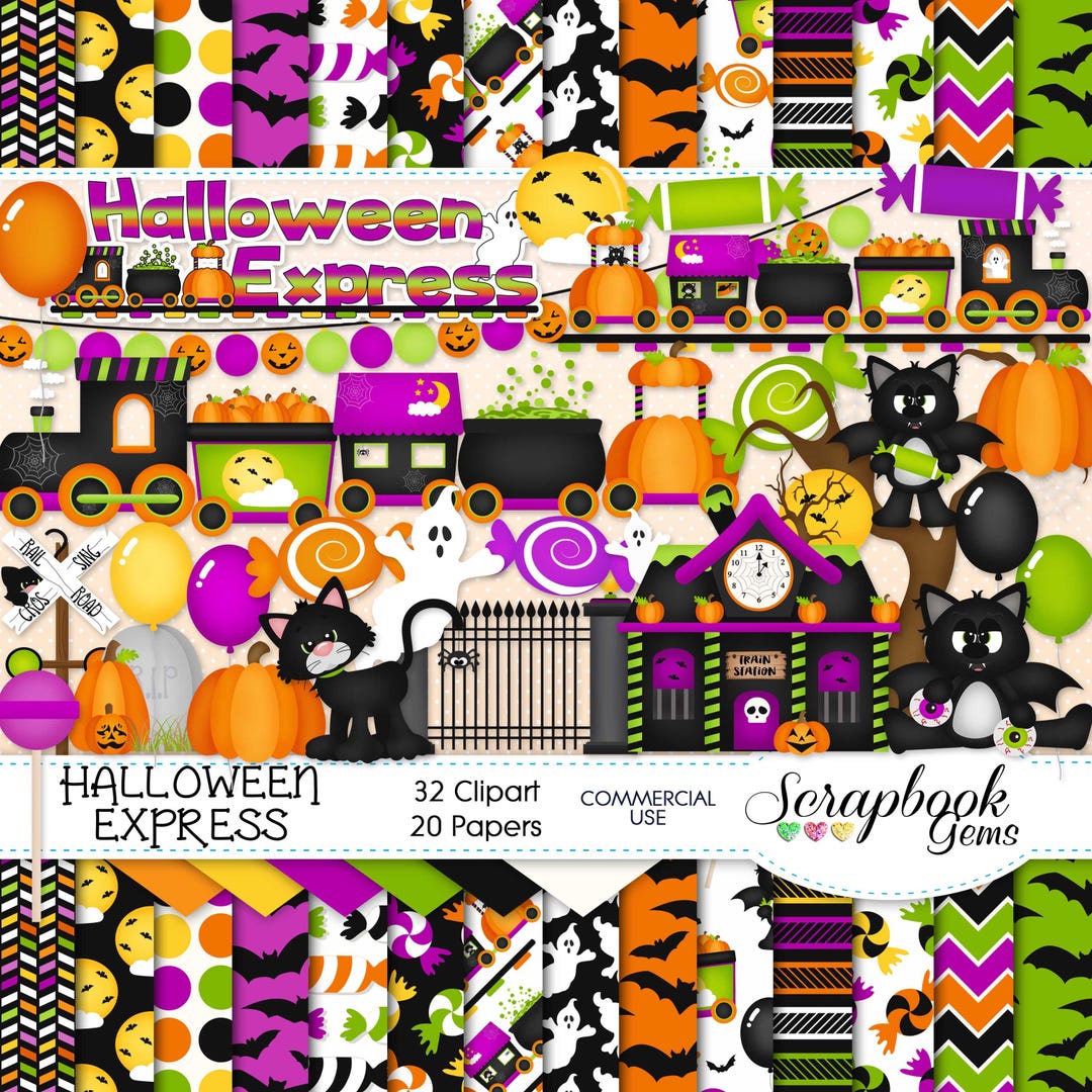 HALLOWEEN EXPRESS Clipart & Papers Kit, 32 Png Clipart Files, 20 Jpeg ...