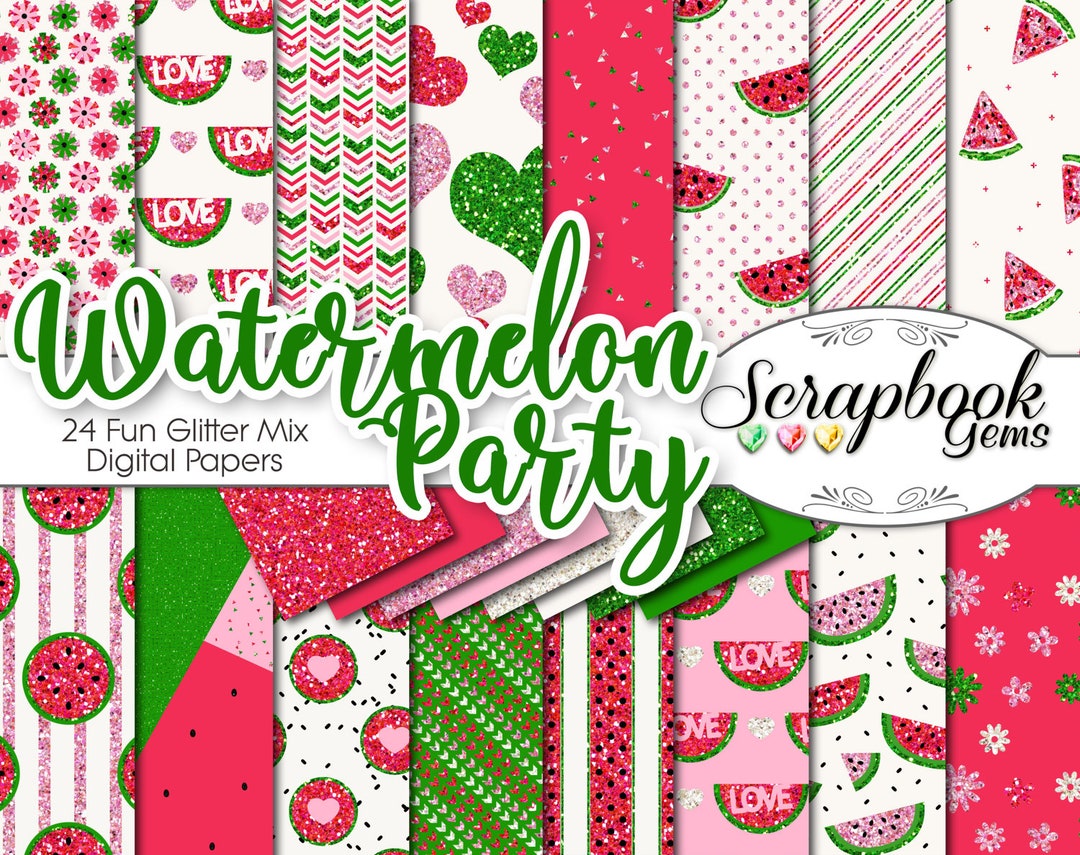 Watermelon Party Glitter Digital Papers, 24 Pieces, 12" X 12", High ...