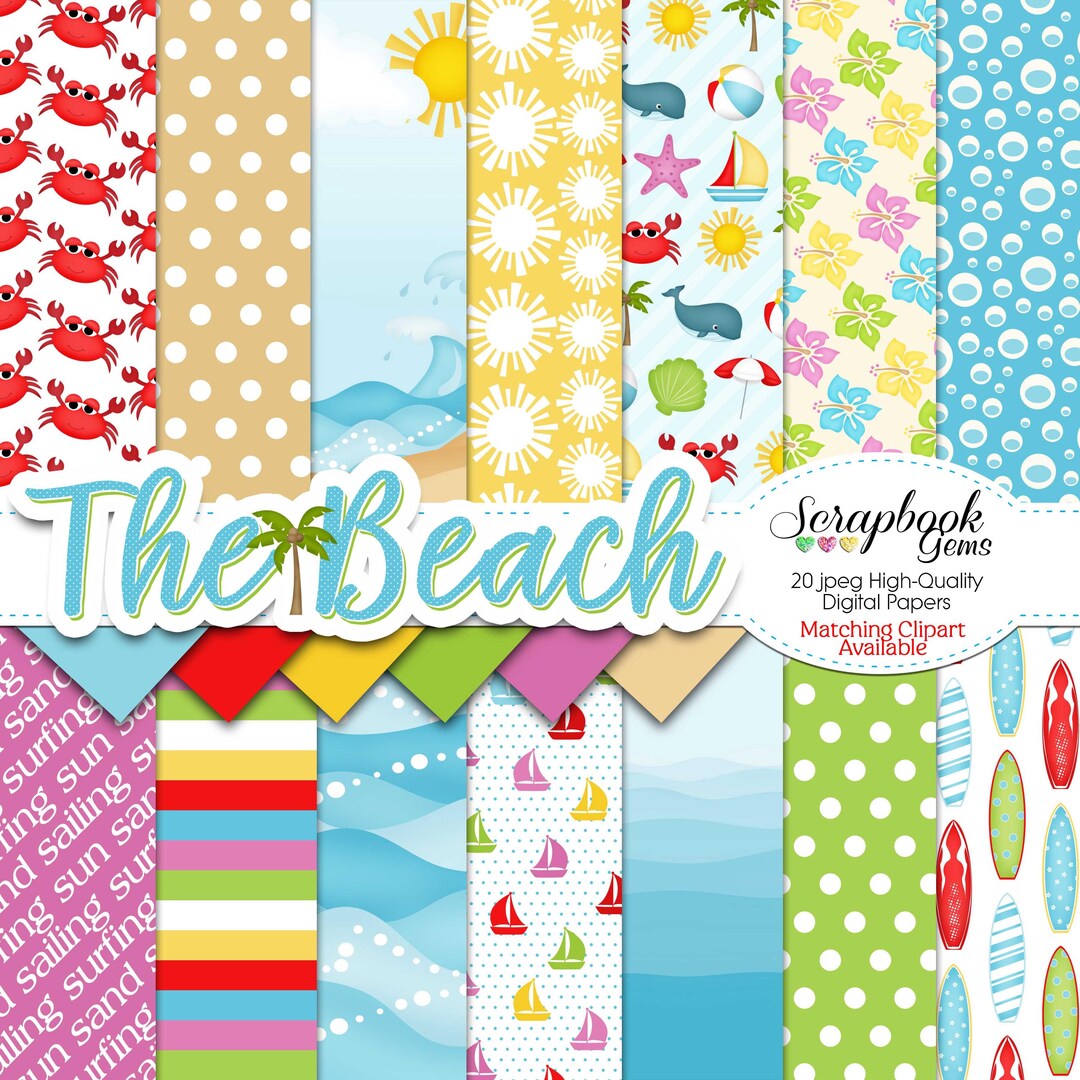 THE BEACH (kit#2) Digital Papers, 20 Pieces, 12" X 12", High Quality ...