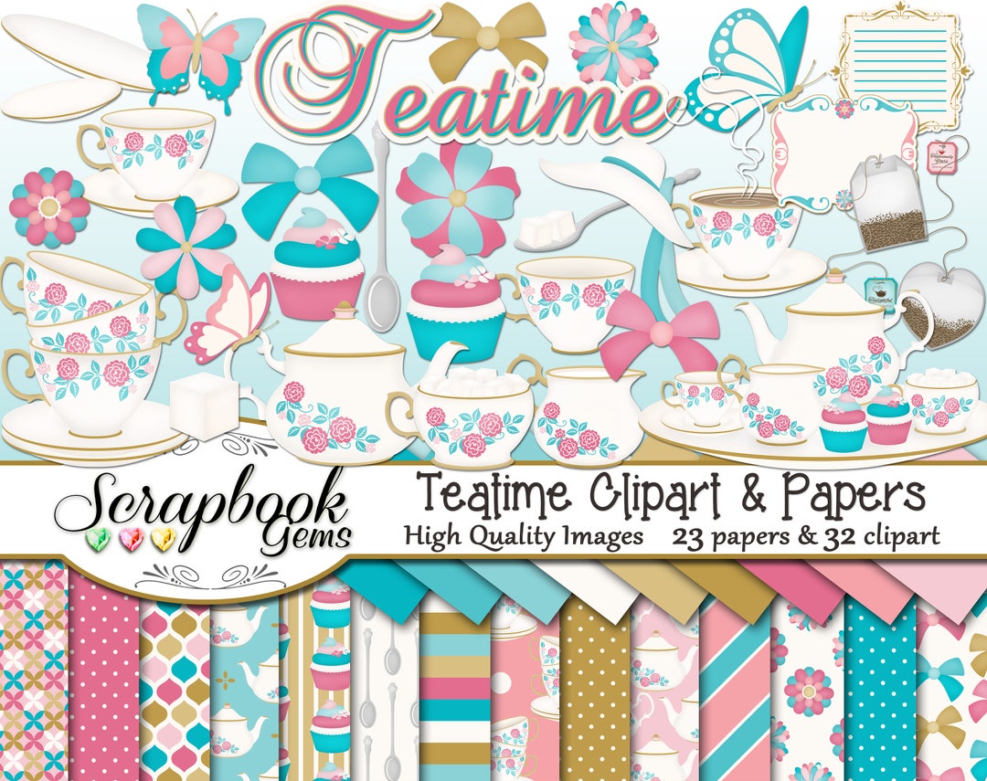 TEATIME Clipart and Papers Kit, 32 Png Clip Arts, 23 Jpeg Papers ...