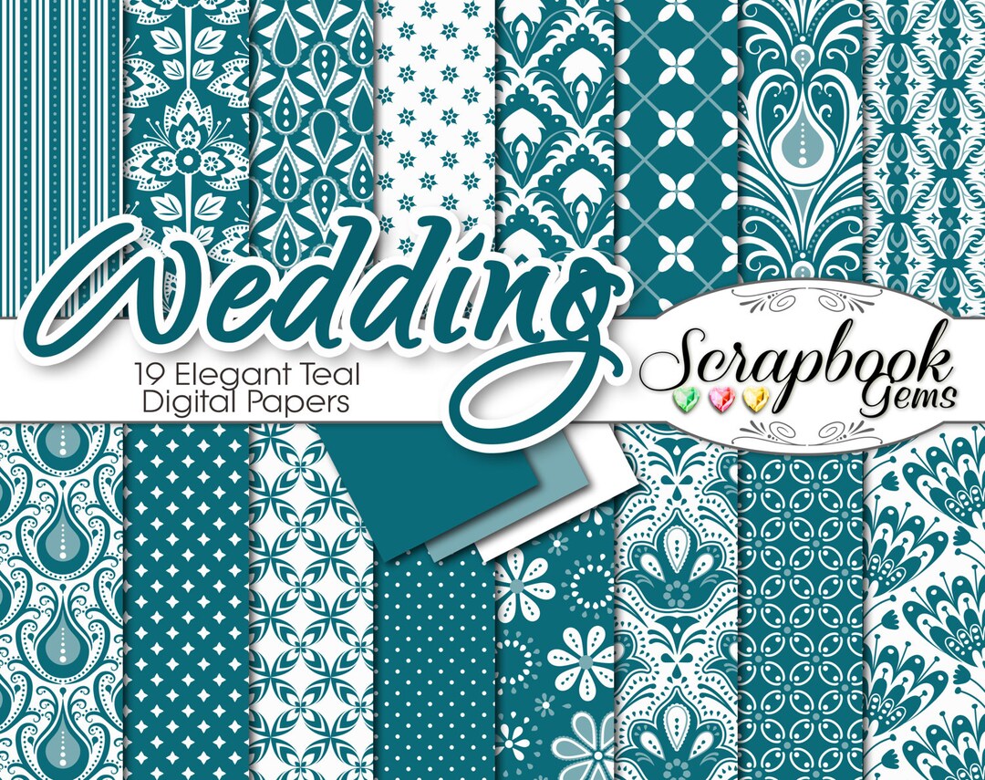 Teal Wedding Floral Digital Papers , 19 Pieces, 12" X 12" High Quality ...