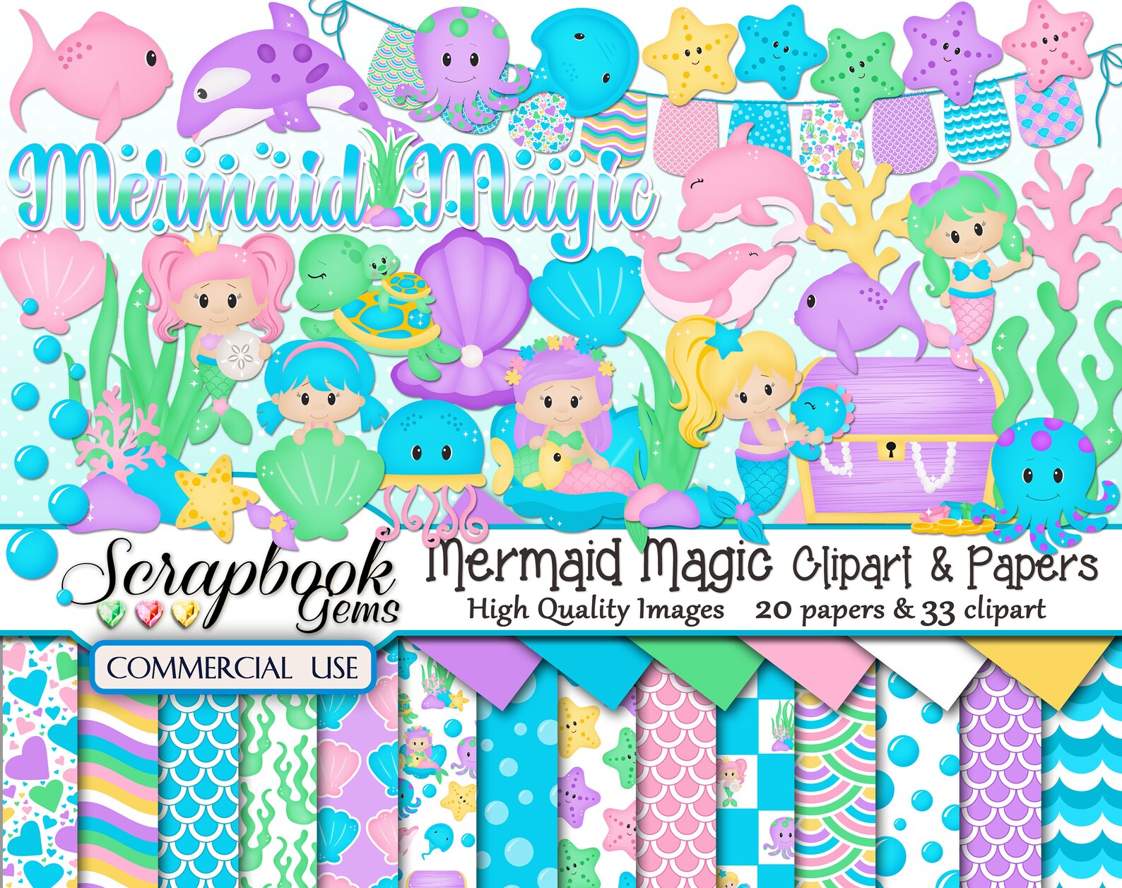 MERMAID MAGIC Clipart & Papers Kit 33 Png Clipart Files 20 - Etsy