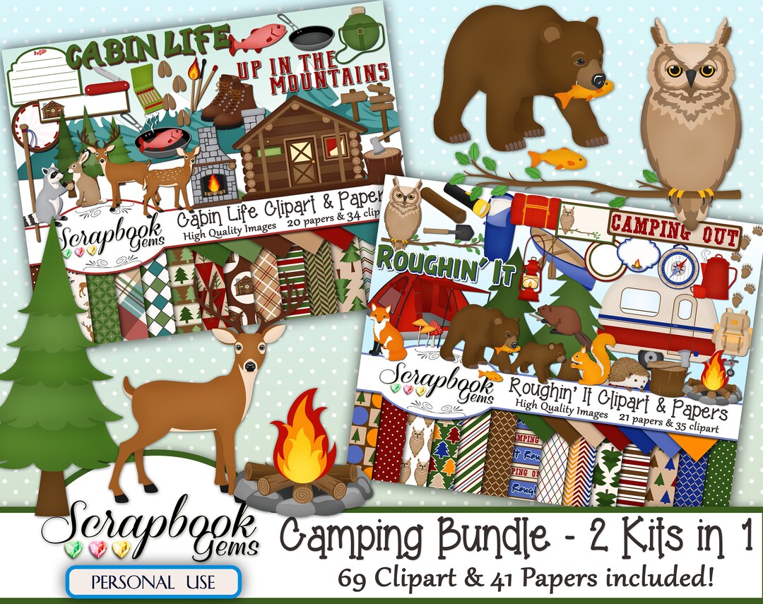CAMPING BUNDLE - 2 Kits in 1, 69 Cliparts & 41 Papers, Instant Download ...