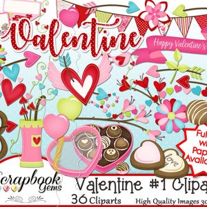 VALENTINE #1 Clipart and Papers Kit, 36 Png Clip Arts, 21 Jpeg Papers ...