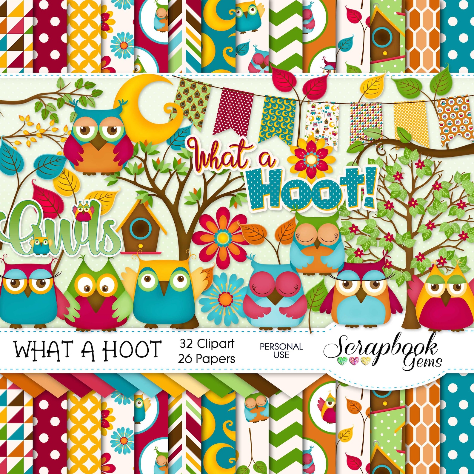 WHAT A HOOT OWL Clipart and Papers Kit, 32 Png Clip Arts, 26 Jpeg ...