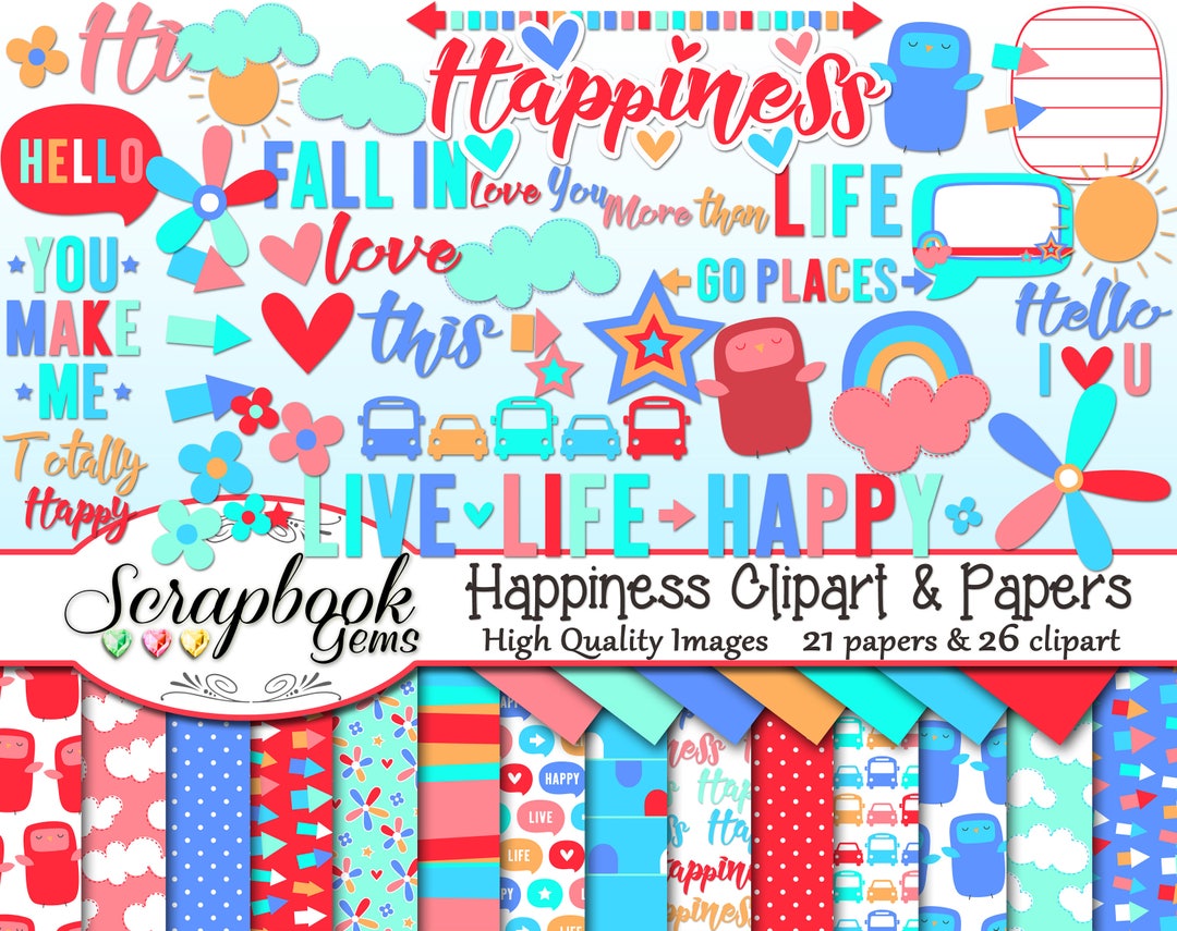 HAPPINESS Clipart and Papers Kit, 26 Png Clip Arts, 21 Jpeg Papers ...