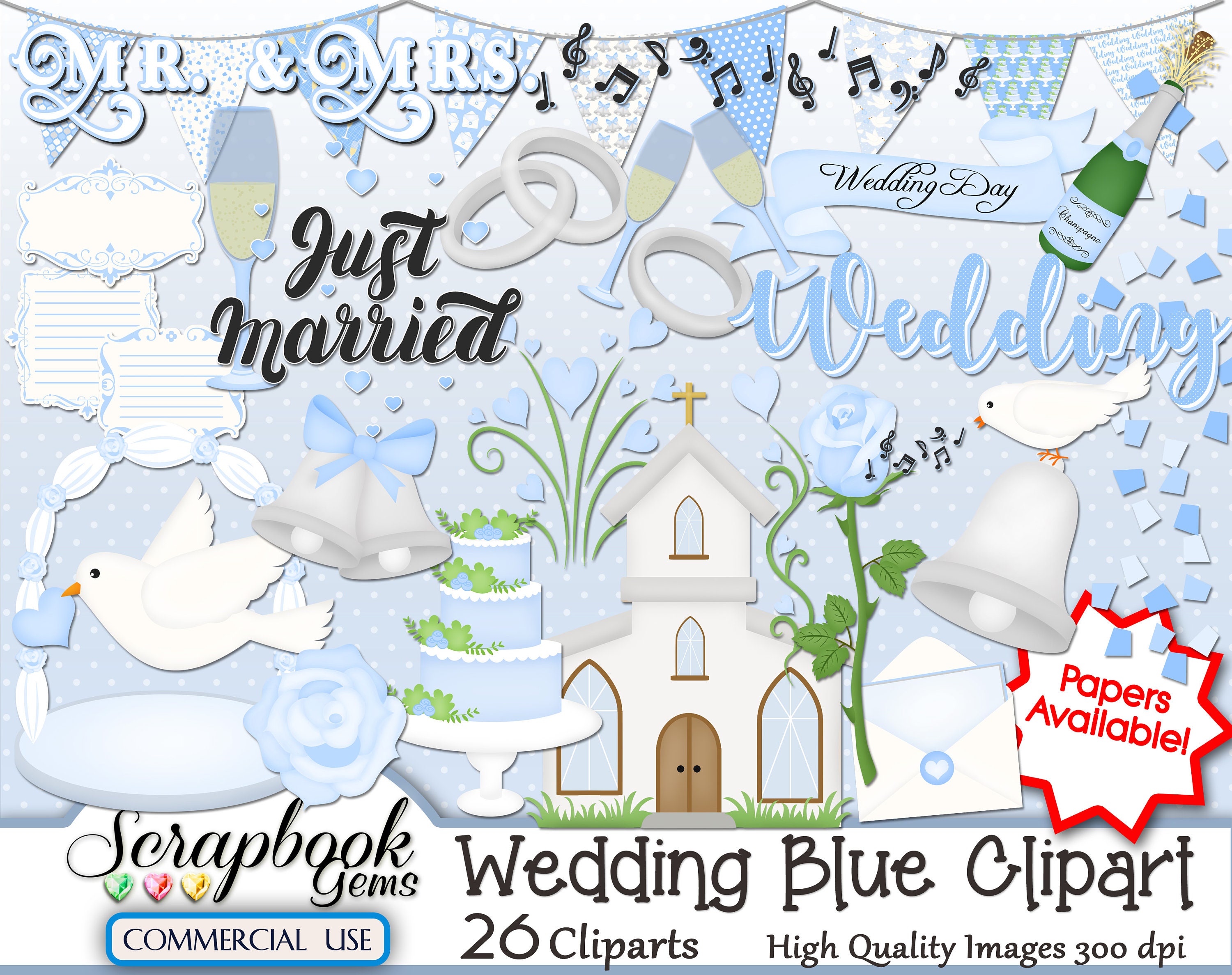WEDDING BLUE Clipart & Papers Kit 26 Png Clipart Files 19 | Etsy UK