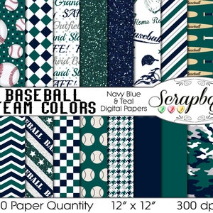Baseball Digital Papers Navy Blue & Teal, 20 Pieces, 12" X 12", High ...