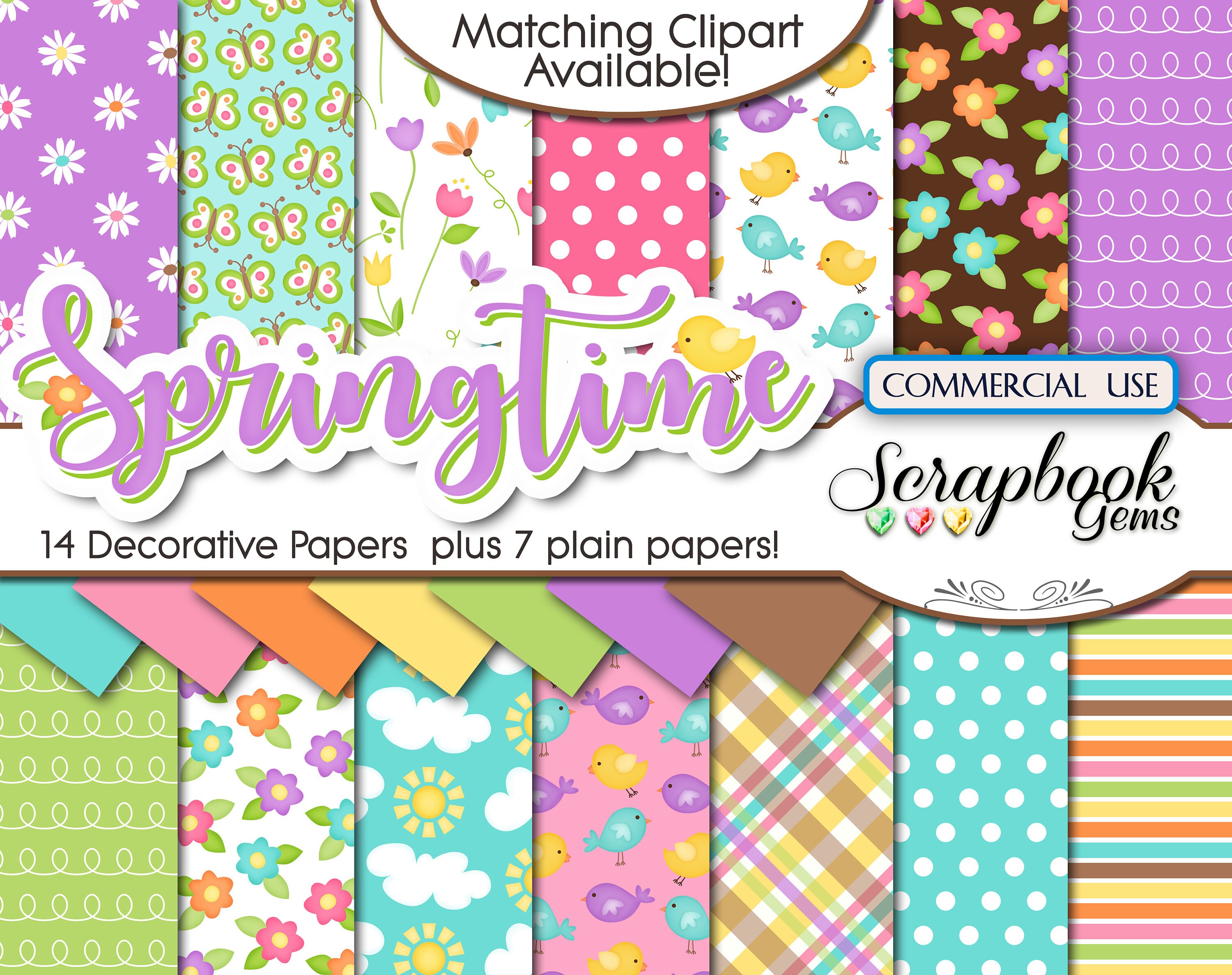 SPRINGTIME #1 Clipart & Papers Kit, 31 Png Clipart Files, 21 Jpeg Paper ...
