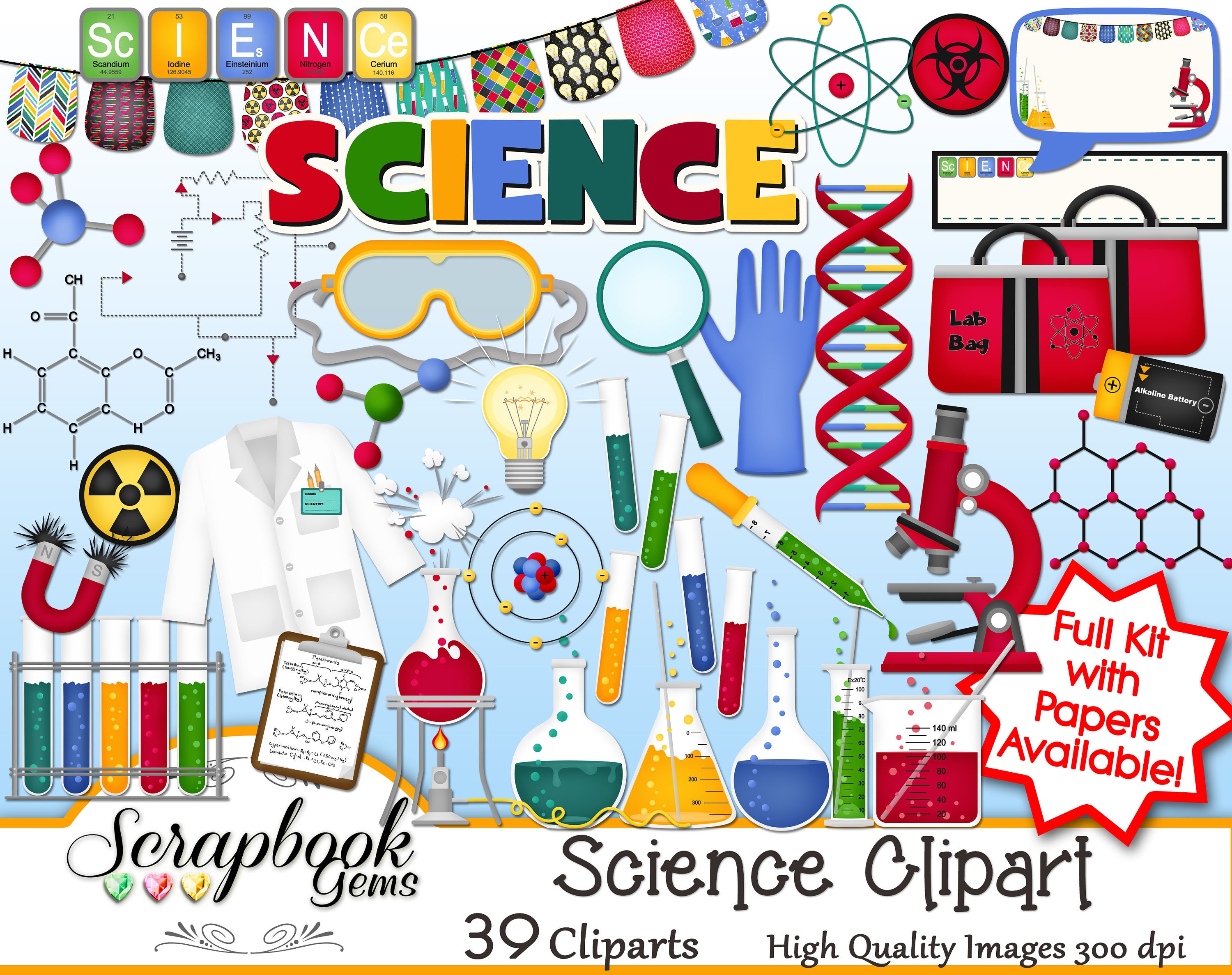 SCIENCE Clipart and Papers Kit, 39 Png Clip Arts, 24 Jpeg Papers ...