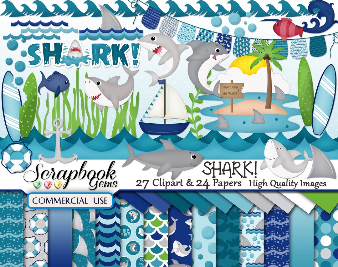 SHARK Clipart & Papers Kit, 27 Png Clipart Files, 24 Jpeg Paper Files ...