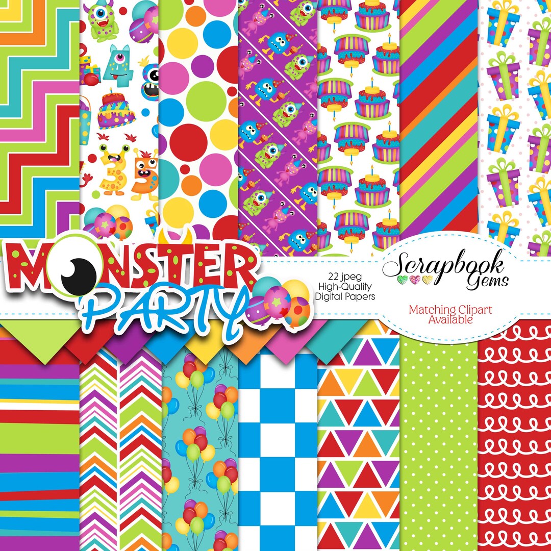 MONSTER PARTY Kit 1 Digital Papers, 22 Pieces, 12 X 12, High Quality ...