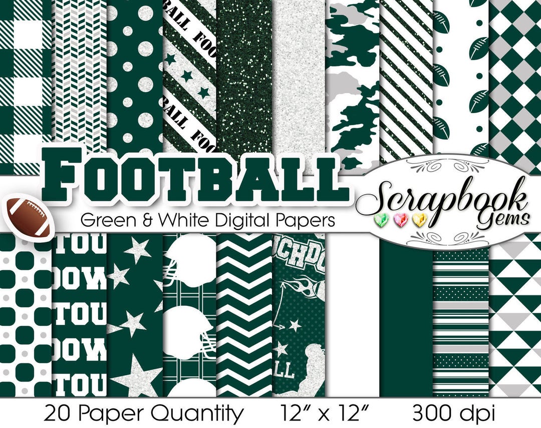 Football Digital Papers Green & White, 20 Pieces, 12" X 12", High ...