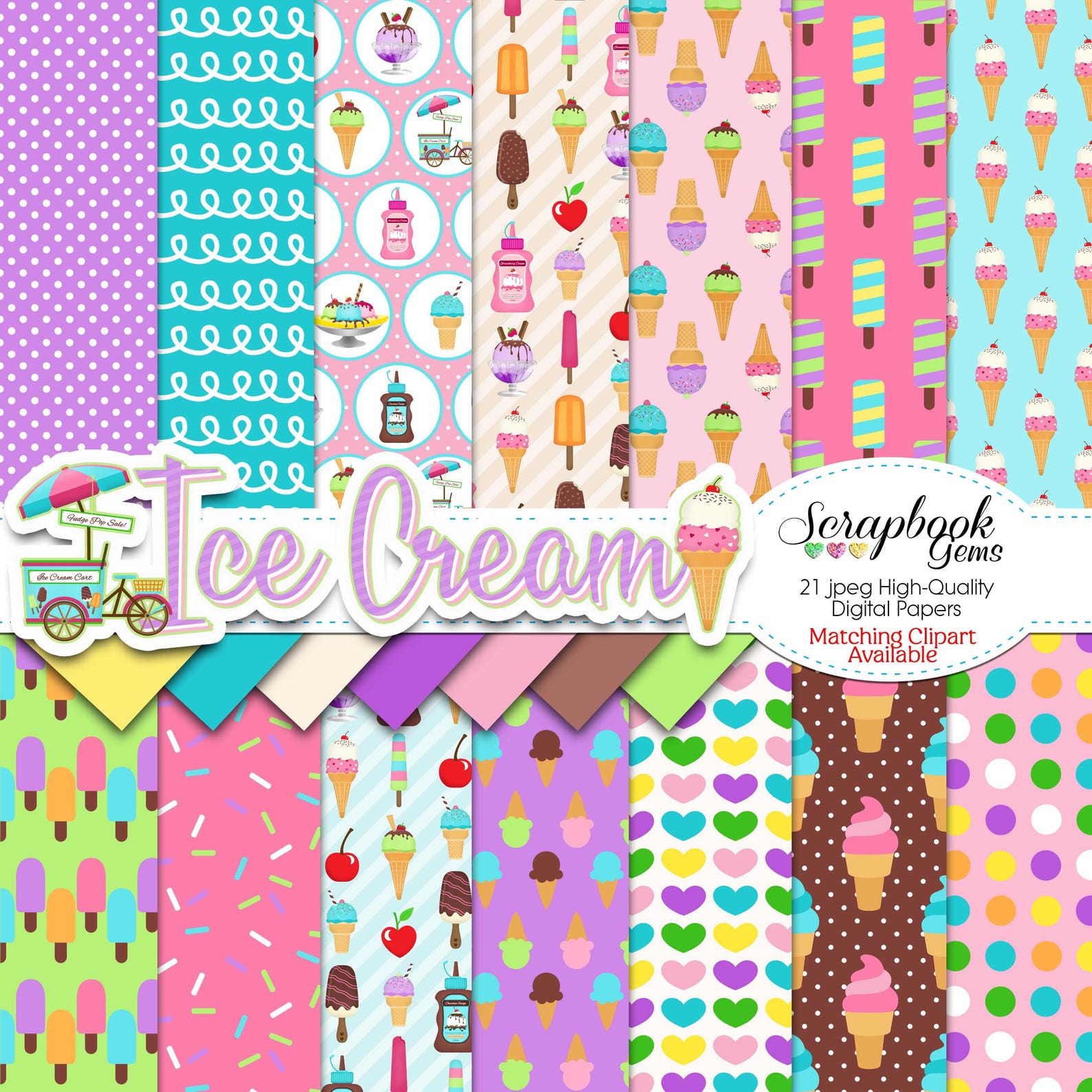 ICE CREAM #1 Clipart & Papers Kit, 26 Png Clip Arts, 21 Jpeg Papers ...
