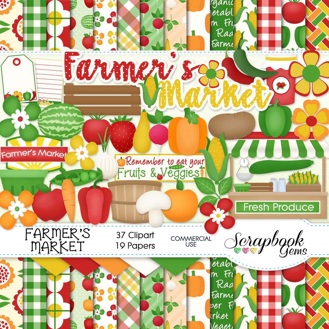 FARMER'S MARKET Clipart and Papers Kit, 37 Png Clip Arts, 19 Jpeg ...