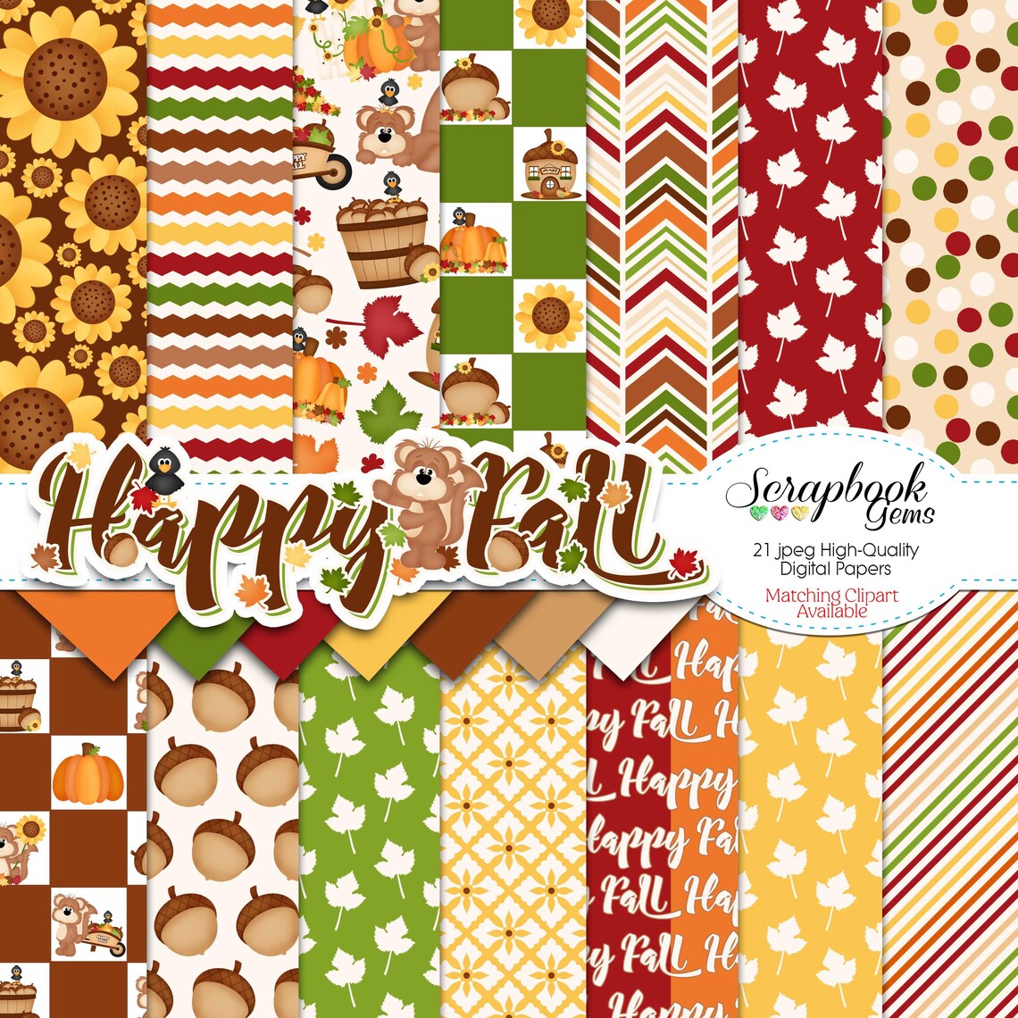 HAPPY FALL Clipart & Papers Kit, 29 Png Clipart Files, 21 Jpeg Paper ...