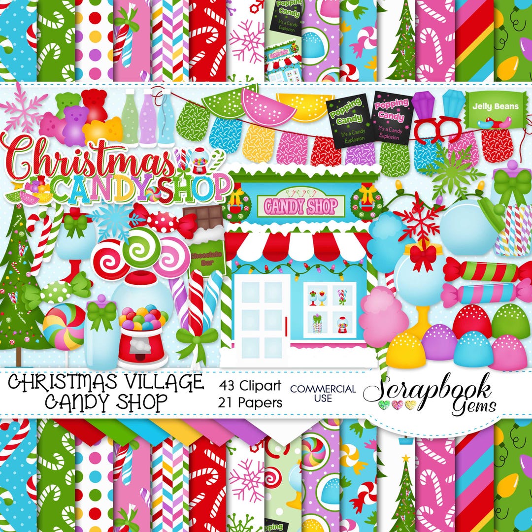 CHRISTMAS CANDY SHOP Clipart & Papers Kit, 43 Png Clipart Files, 21 ...