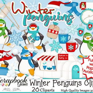 WINTER PENGUINS Clipart and Papers Kit, 26 Png Clip Arts, 23 Jpeg ...