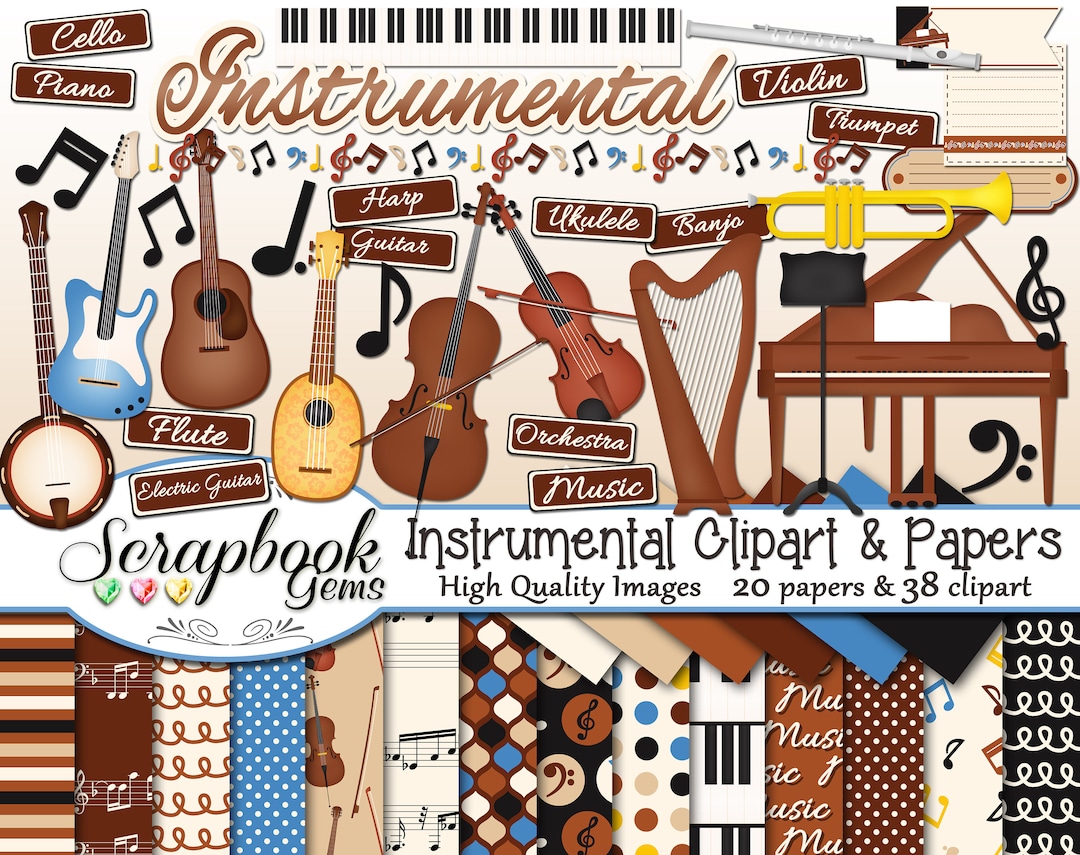 INSTRUMENTAL Clipart and Papers Kit, 38 Png Clip Arts, 20 Jpeg Papers ...