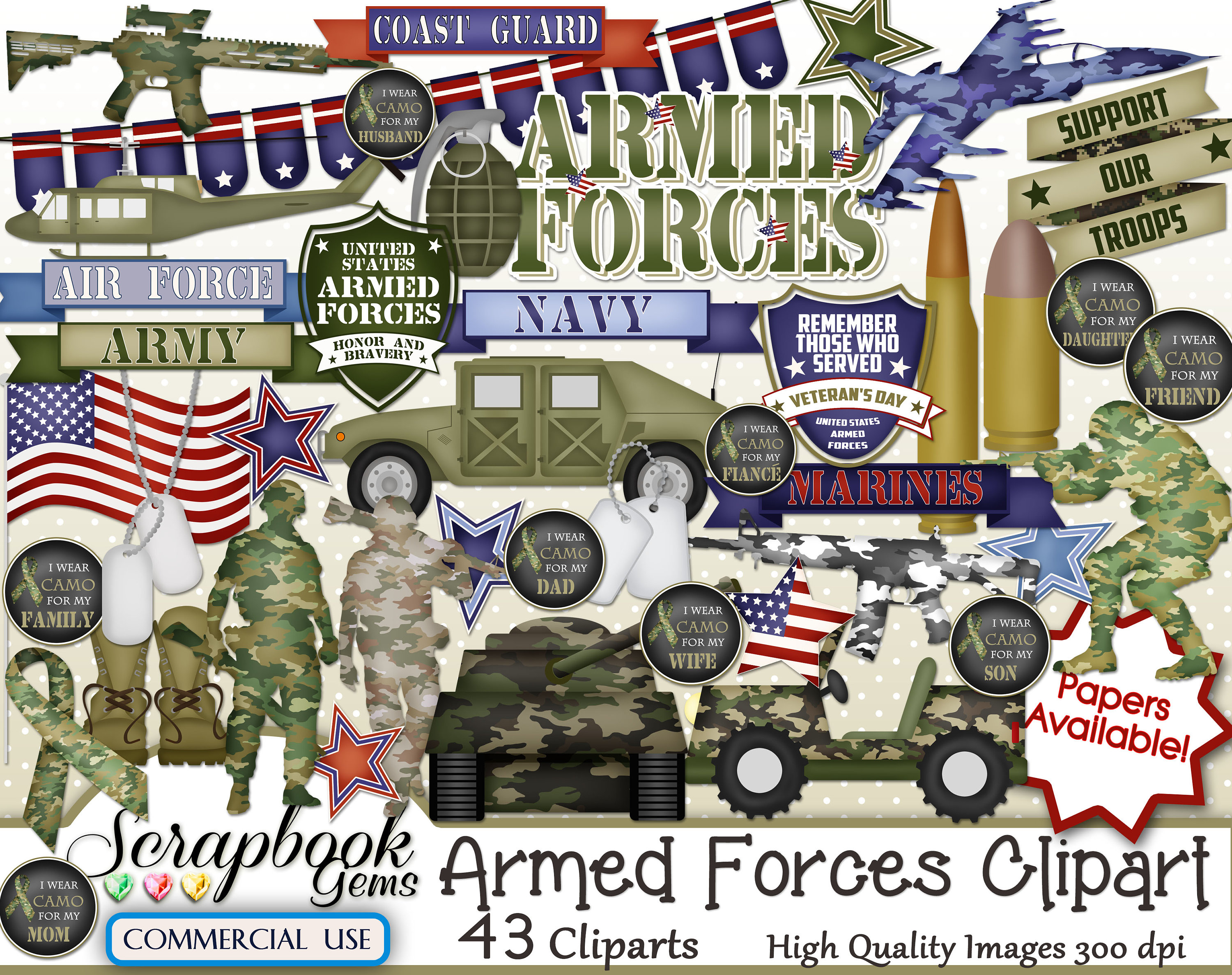 ARMED FORCES Clipart, 43 Png Clipart Files, Instant Download, Army ...
