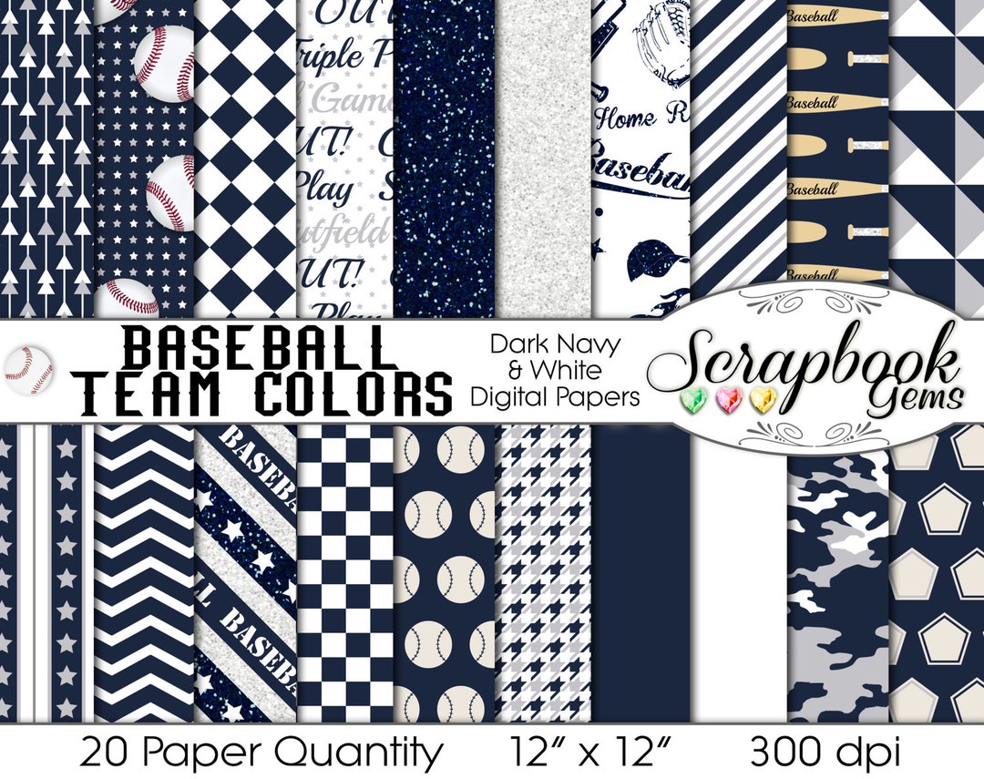 Baseball Digital Papers Navy Blue & White, 20 Pieces, 12" X 12", High ...