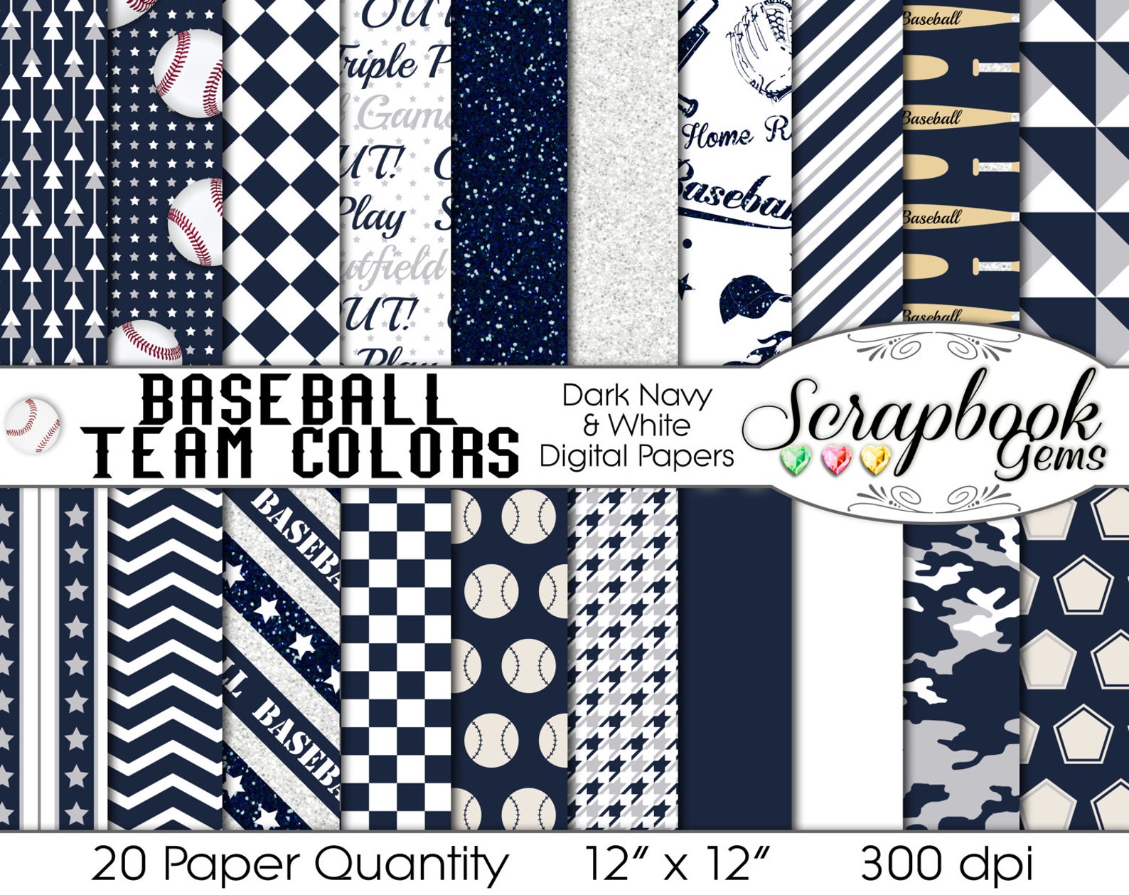 Baseball Digital Papers Navy Blue & White 20 Pieces 12 | Etsy