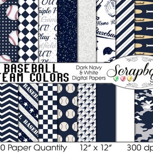 Baseball Digital Papers Navy Blue & White, 20 Pieces, 12" X 12", High ...
