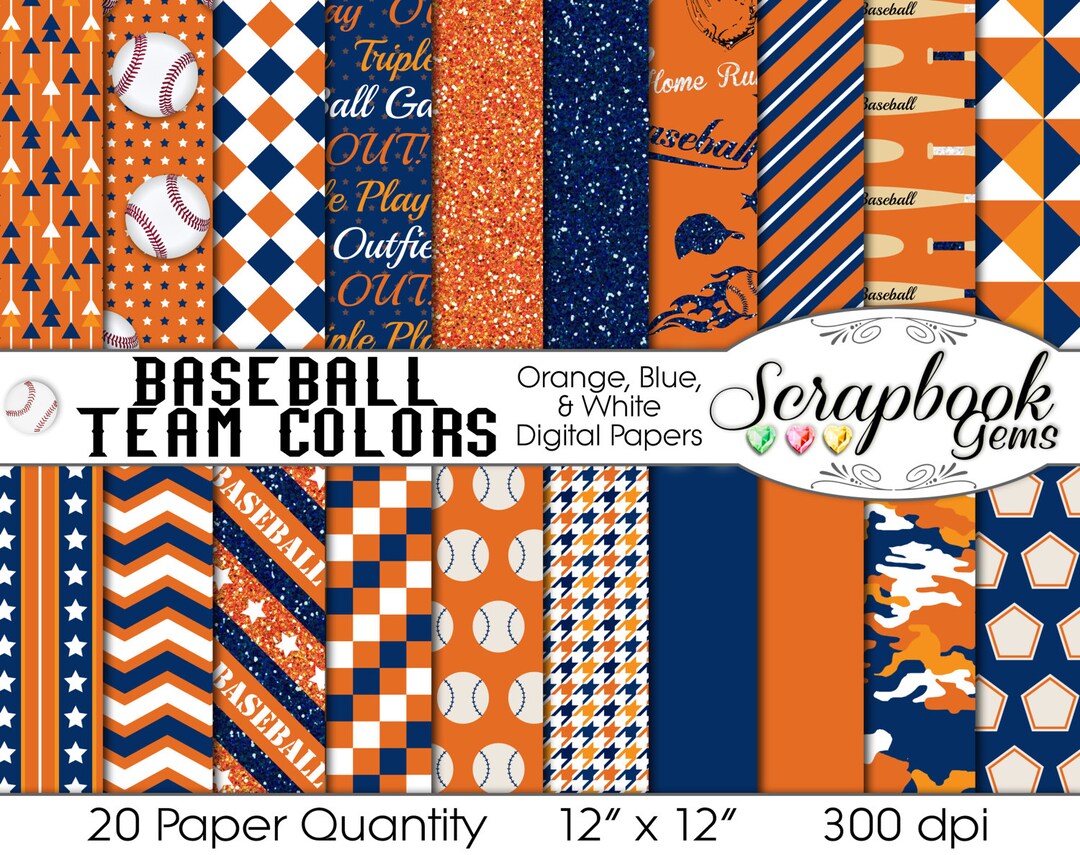 Baseball Digital Papers Orange & Navy, 20 Pieces, 12" X 12", High ...