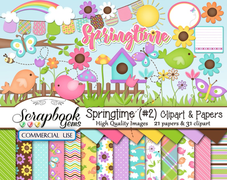 SPRINGTIME BUNDLE - 2 Kits in 1, 62 Cliparts & 42 Papers, Instant ...