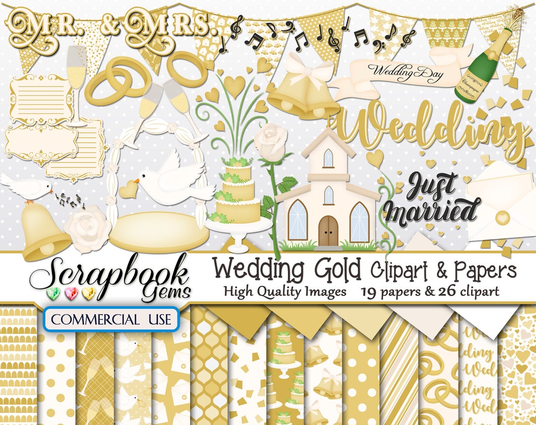 WEDDING GOLD Clipart & Papers Kit, 26 Png Clipart Files, 19 Jpeg Paper ...