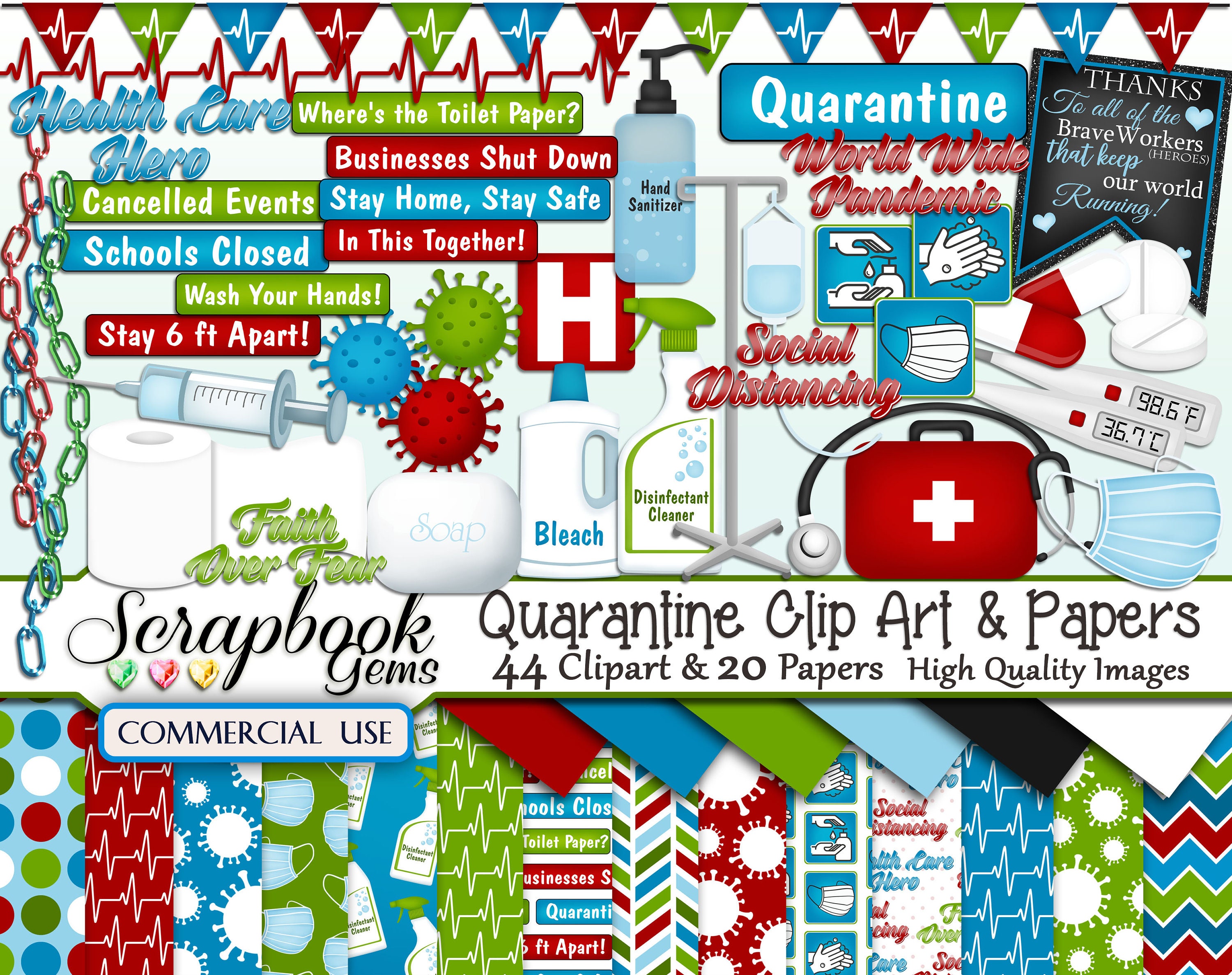 QUARANTINE Clipart & Papers Kit 44 png Clip arts 20 jpeg | Etsy México