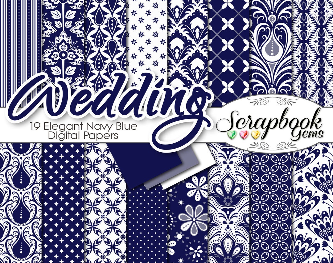 Navy Blue Wedding Floral Digital Papers , 19 Pieces 12" X 12", High ...