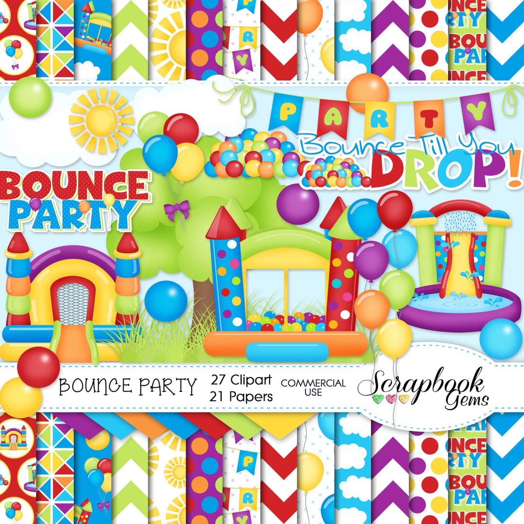 BOUNCE PARTY Clipart & Papers, 27 Png Clipart Files, 21 Jpeg Paper ...